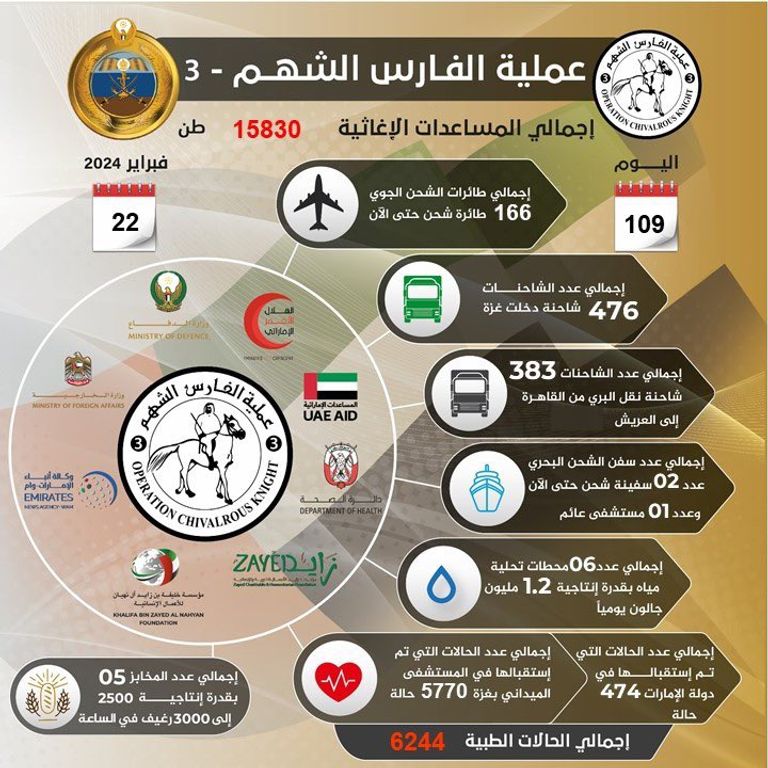 المساعدات الإنسانية الإماراتية إلى غزة أكثر من 15 ألف طن لإغاثة المدنيين